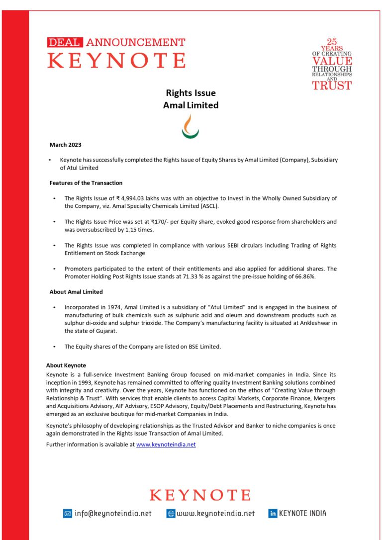 Deal Announcement: Amal Limited – Keynote India