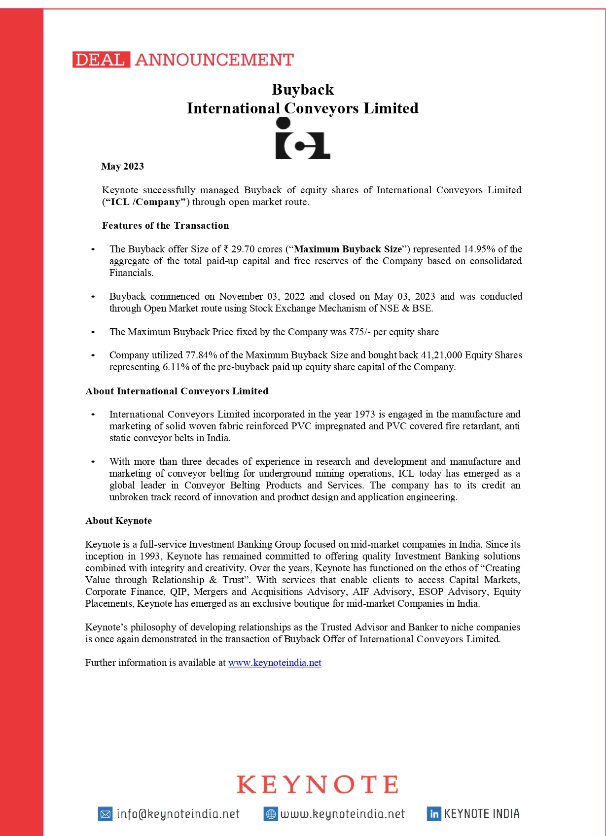 Deal Announcement: International Conveyors Limited – Keynote India