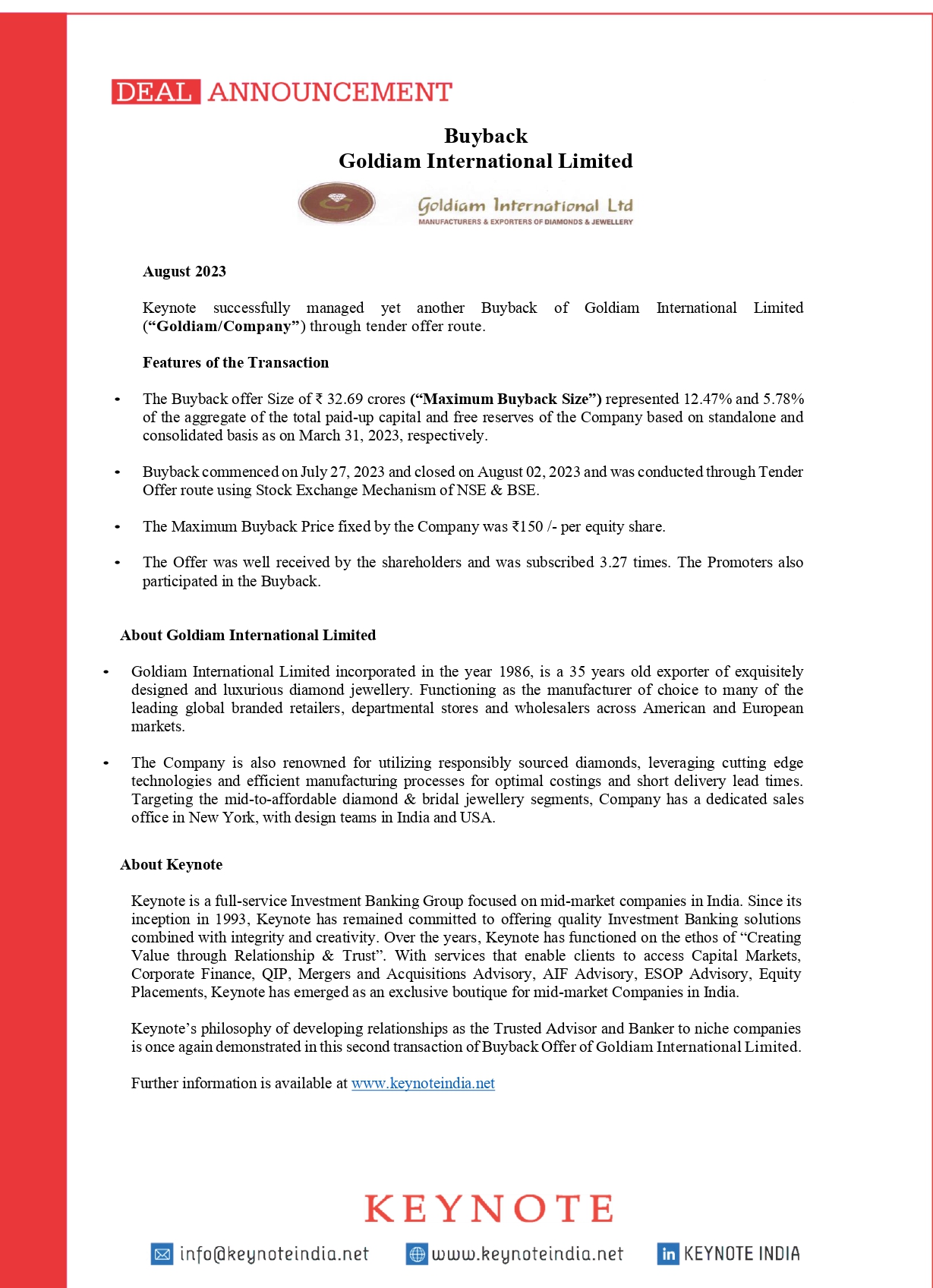 Deal Announcement: Goldiam International Limited – Keynote India