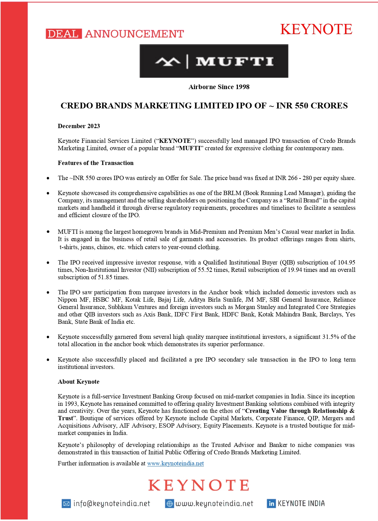 Deal Announcement: IPO of Credo Brands Marketing Limited – Keynote India