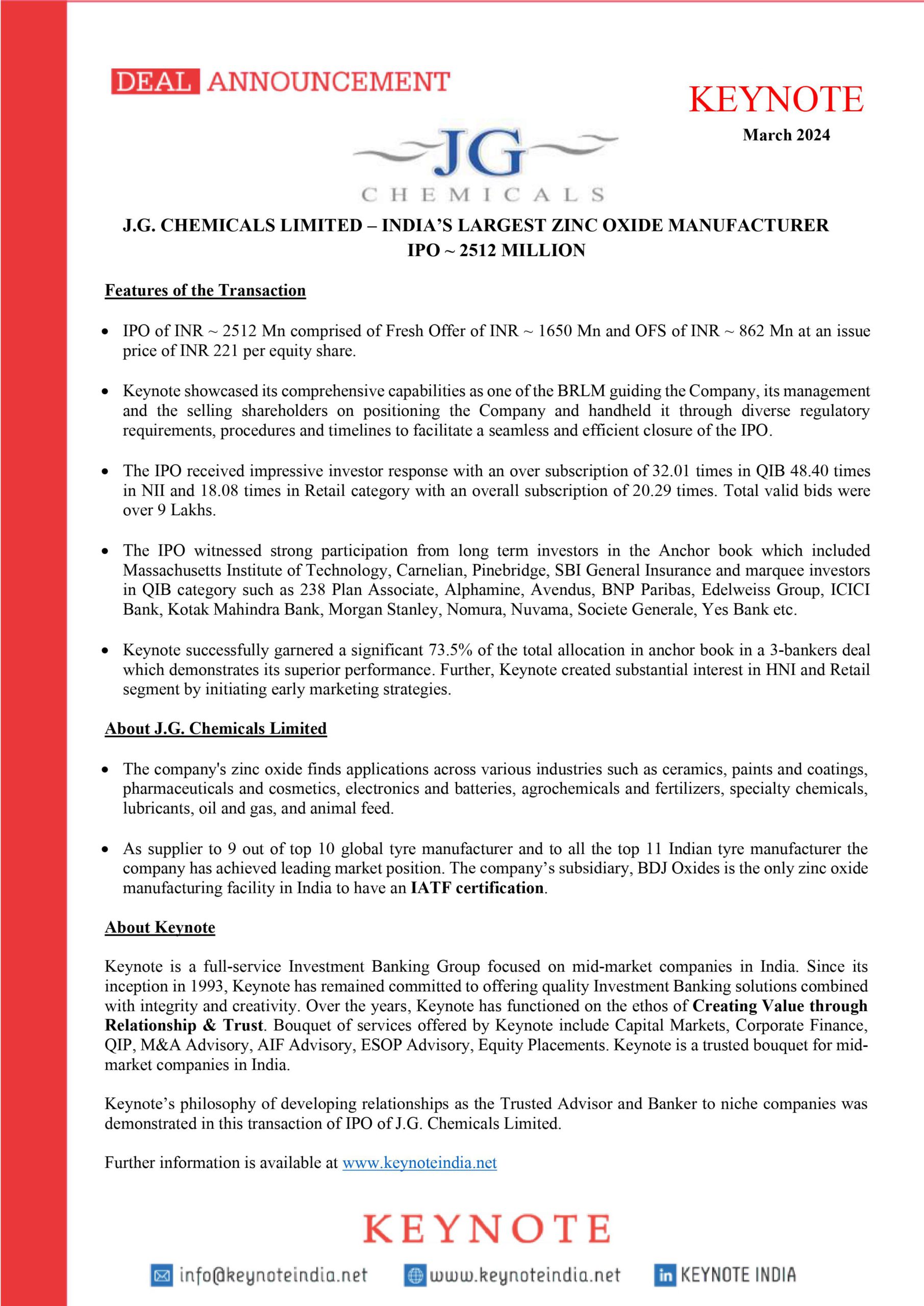 Deal Announcement: IPO of J.G. Chemicals Limited – Keynote India