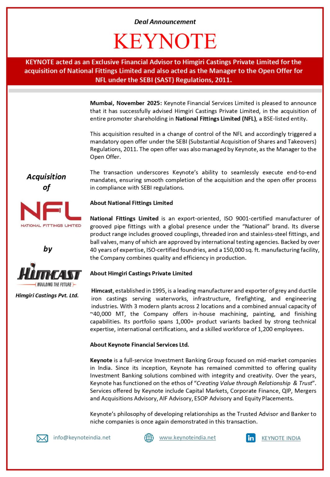 Deal Announcement: Open Offer of National Fittings Limited – Keynote India